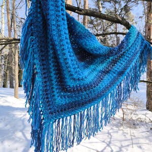 Blue Crochet Shawl Triangle Scarf Hand Knit Boho Shawl Fringe Shawl ...