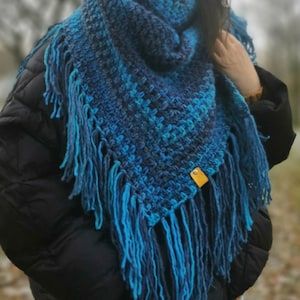 Blue Crochet Shawl Triangle Scarf Hand Knit Boho Shawl Fringe Shawl ...
