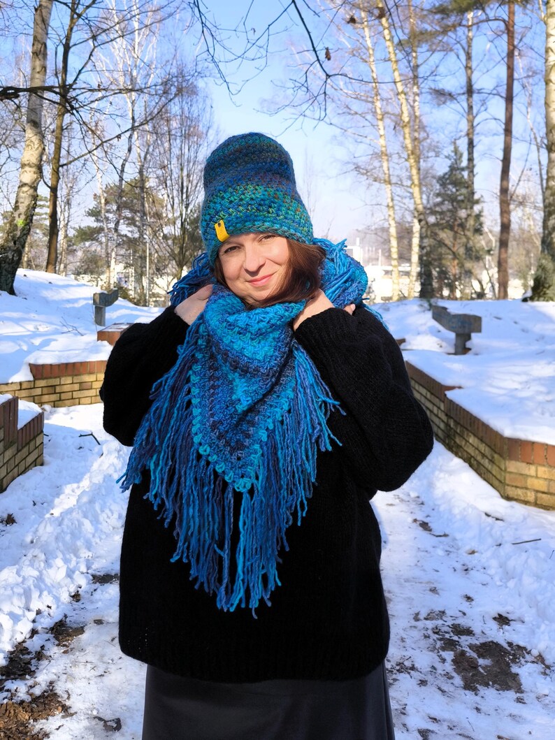 Blue Crochet Shawl Triangle Scarf Hand Knit Boho Shawl Fringe Shawl ...