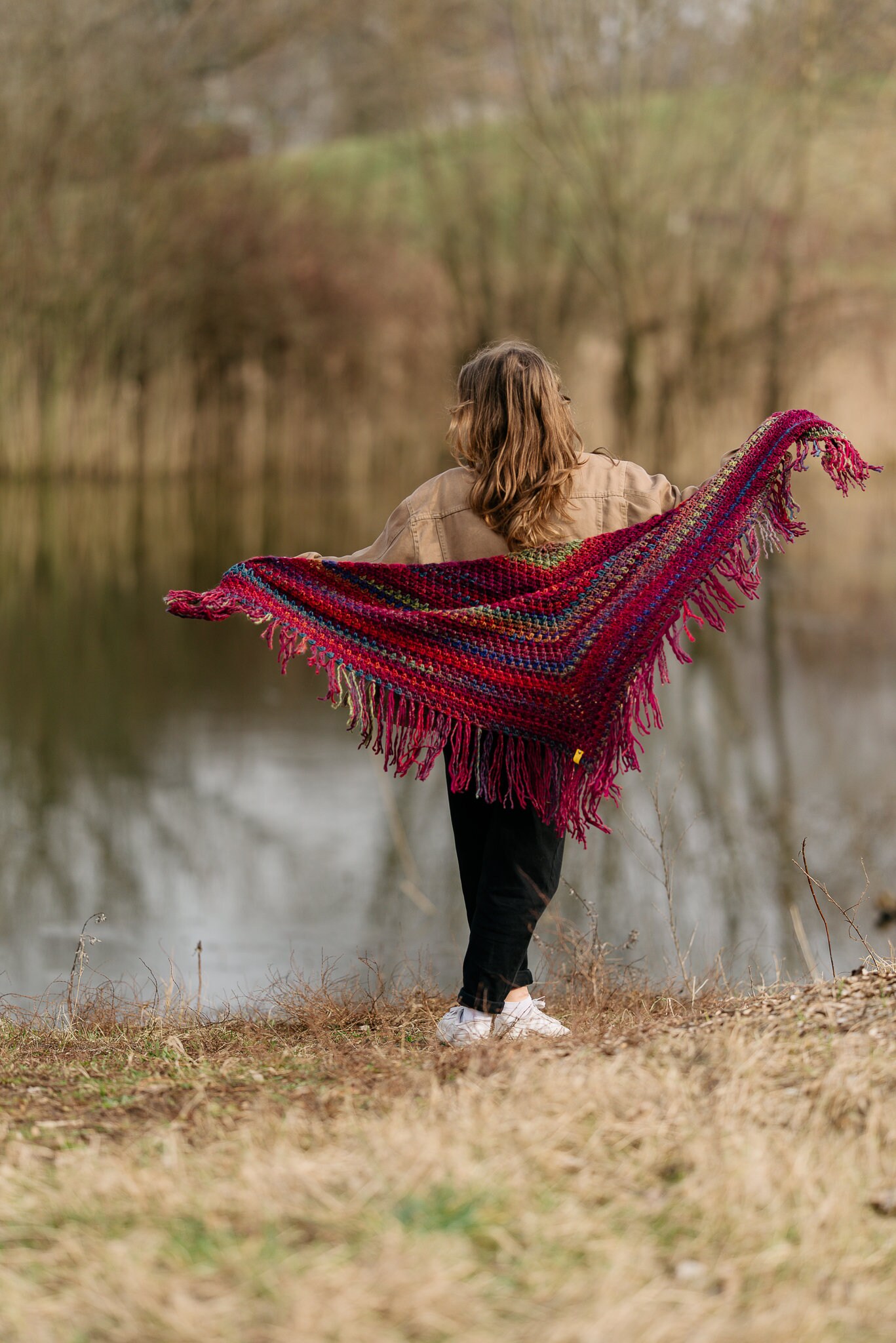 Red Crochet Shawl Triangle Scarf Hand Knit Boho Shawl Fringe Shawl ...
