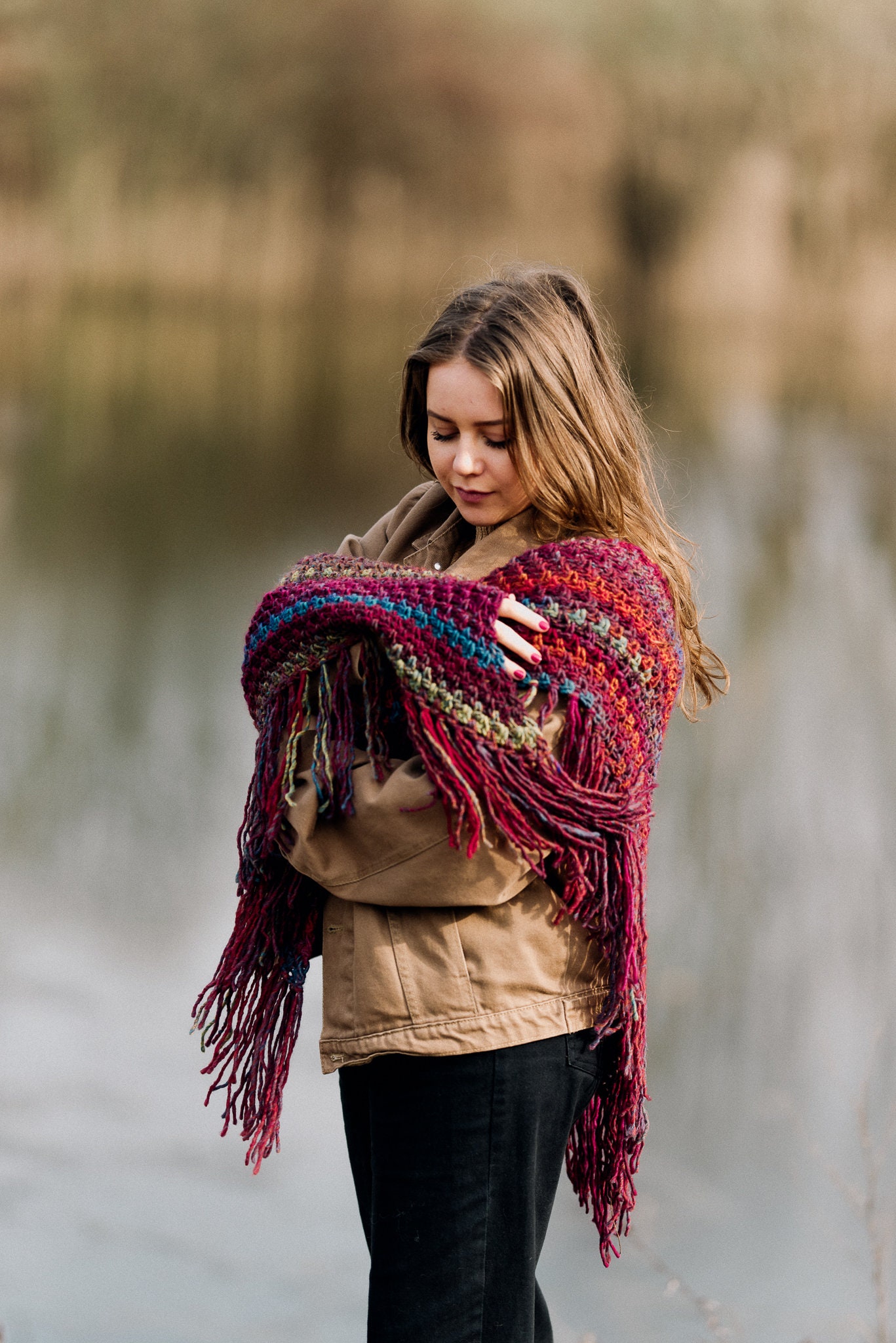 Red Crochet Shawl Triangle Scarf Hand Knit Boho Shawl Fringe Shawl ...