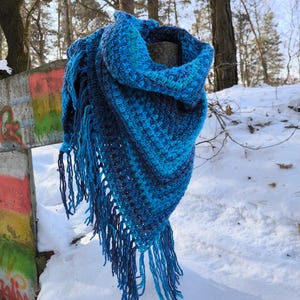 Blue Crochet Shawl Triangle Scarf Hand Knit Boho Shawl Fringe Shawl ...