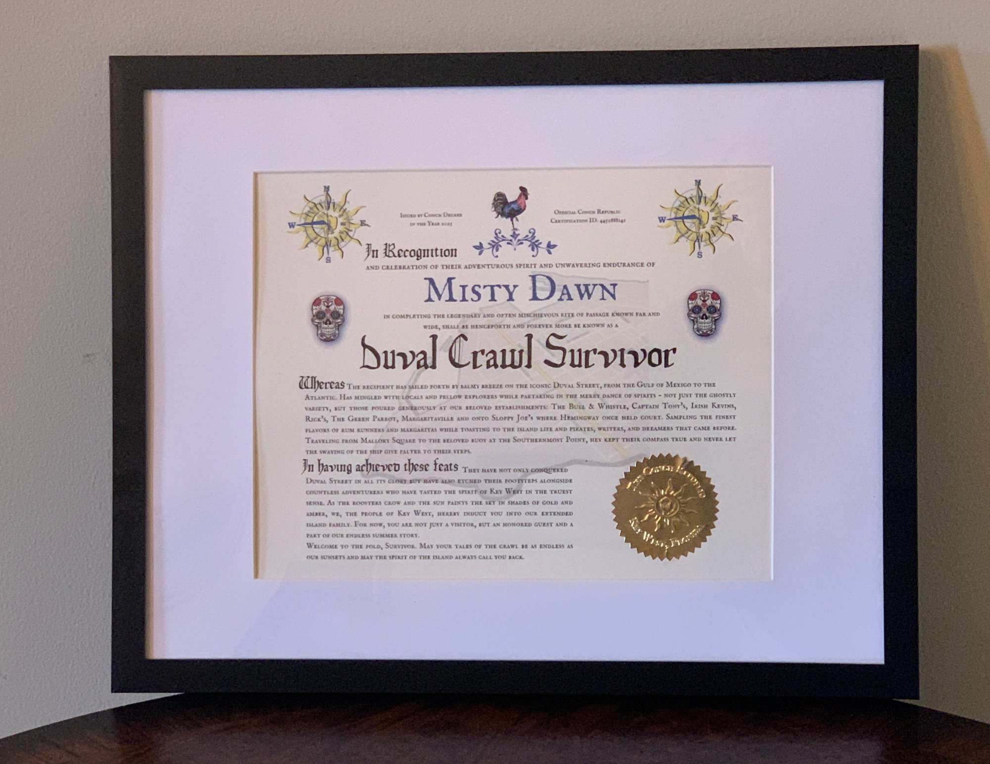 Duval Crawl Survivor Certificate Premium Key West Memento for Fantasy ...