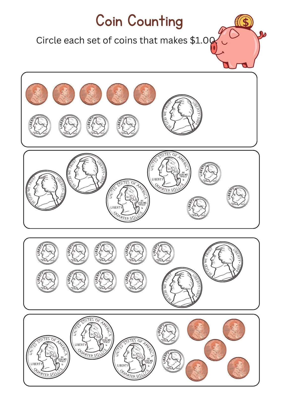 Kindergarten Coin Counting Worksheets - Etsy