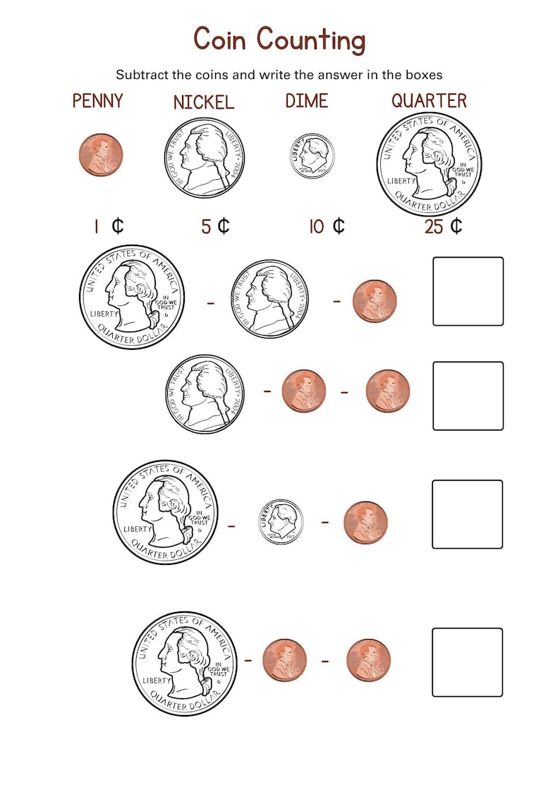 Kindergarten Coin Counting Worksheets - Etsy