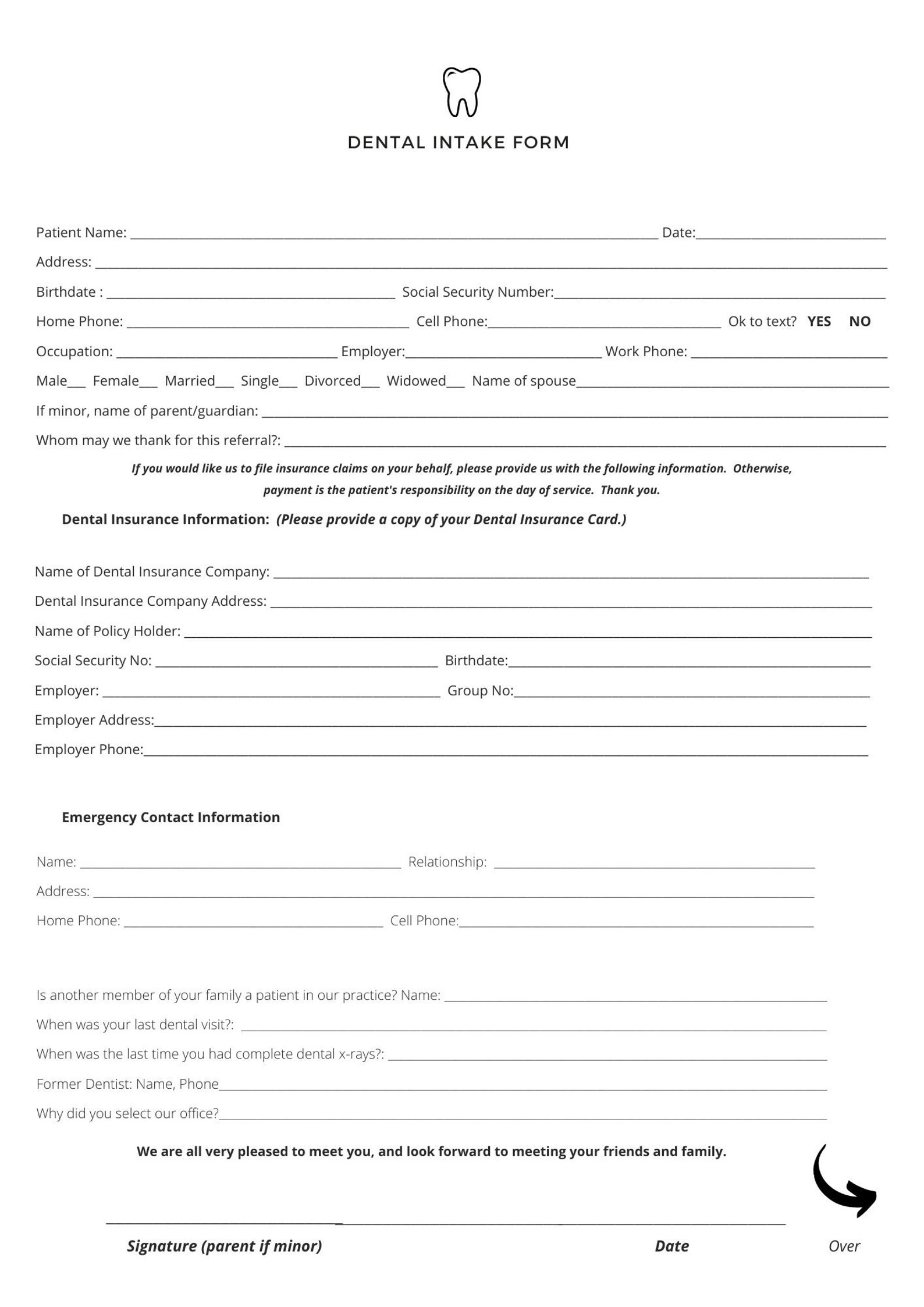 Professional Dental Intake Form, Client Informed Consent Form, Dental ...