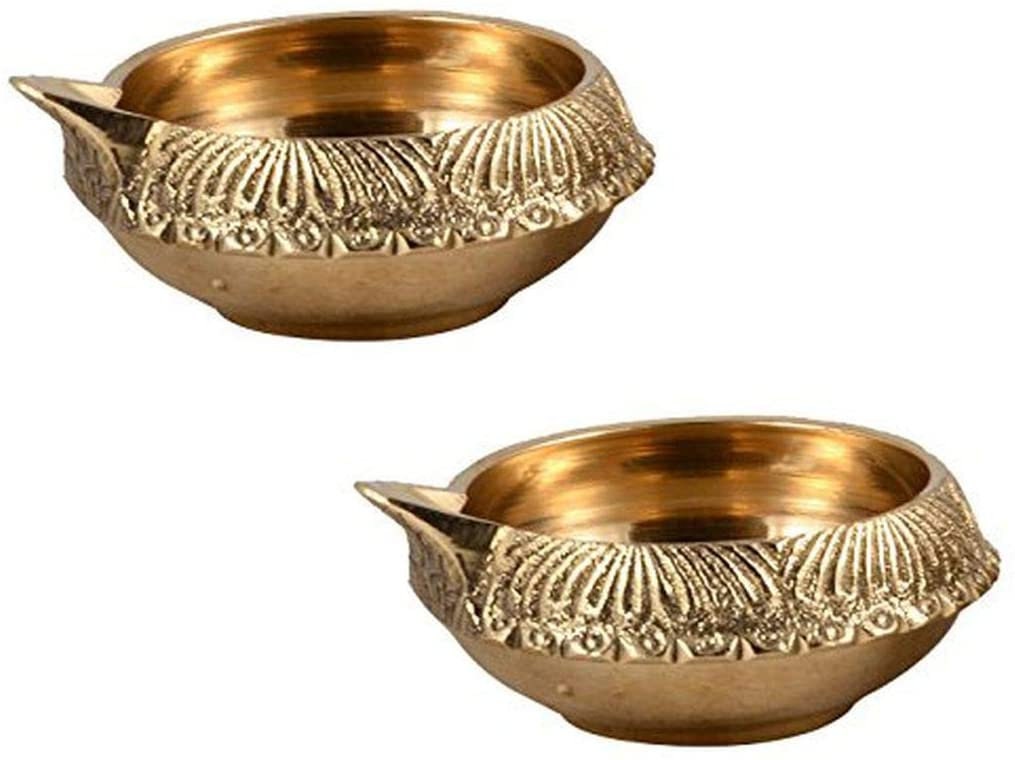 Indian Puja Brass Oil Lamp Golden Diya Lamp Engraved Design - Etsy