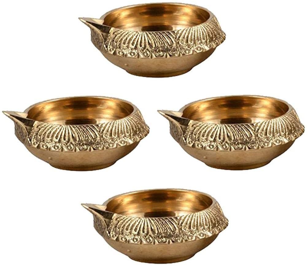 Indian Puja Brass Oil Lamp Golden Diya Lamp Engraved Design | Etsy