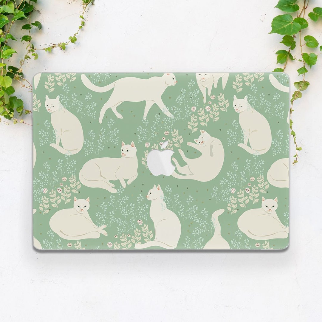 Elegant White Cats MacBook Case Cute Light Green Case Aesthetic Print ...