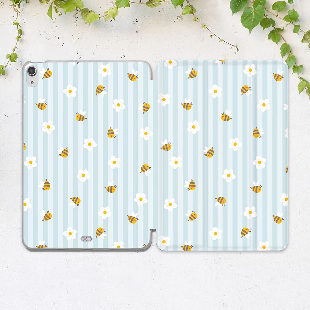 IPad Case Bees Kawaii Insect Print Flowers Blue Striped Spring Flowers ...