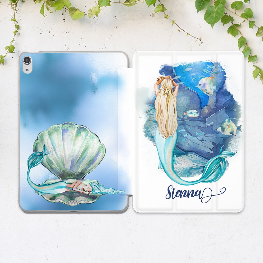 Watercolor Mermaid Art Seashell Art Case iPad Case Blue Cute Girl Print ...