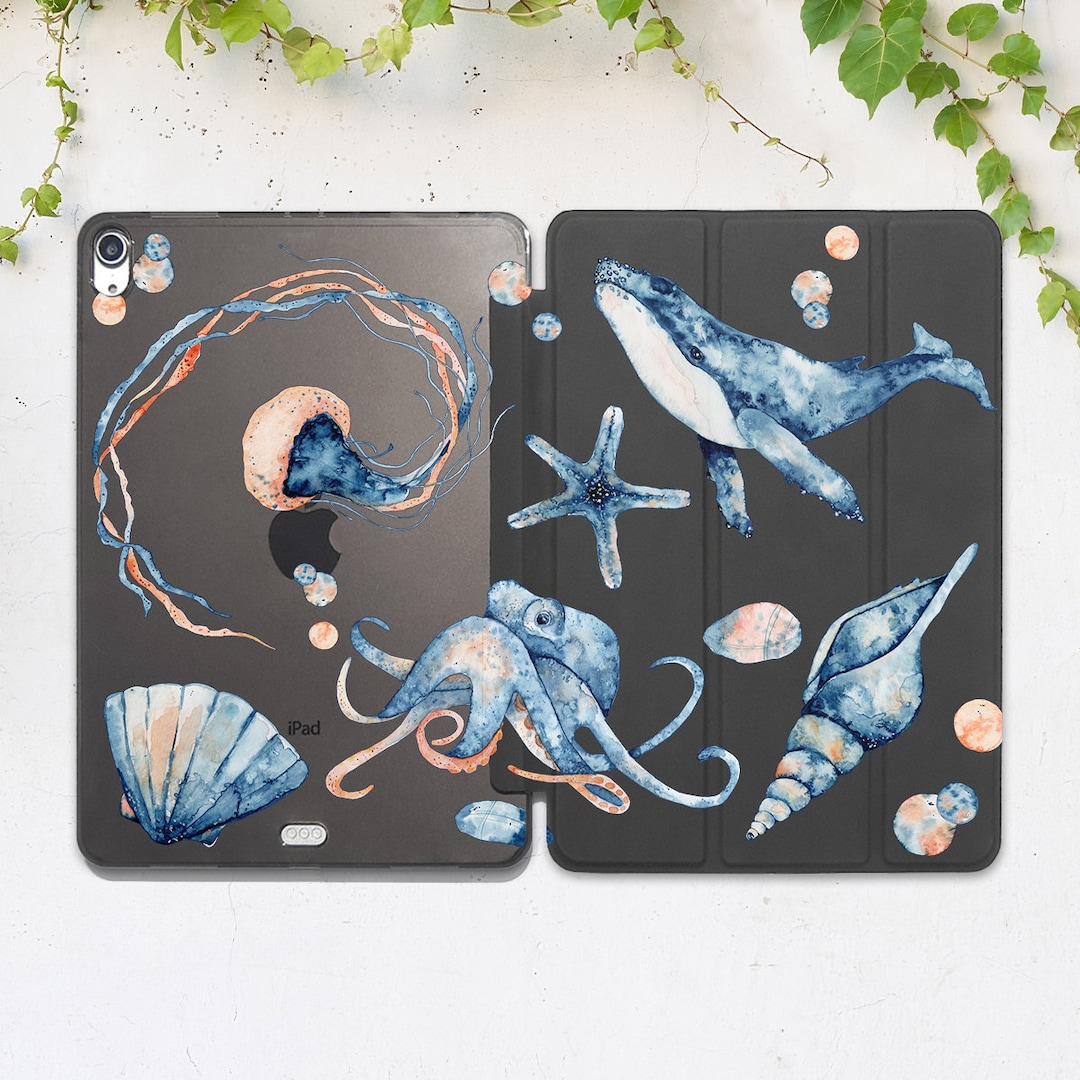 Marine Animals Art iPad Case Watercolor Jellyfish Art Case Blue Whale ...