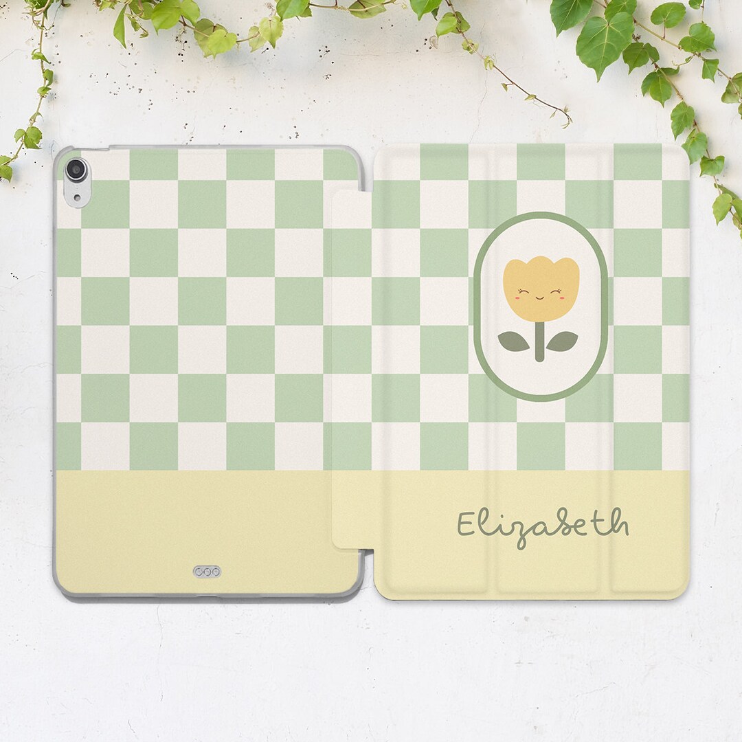 Checkered Book Print Yellow Tulip Art iPad Smart Case Your Name Here ...