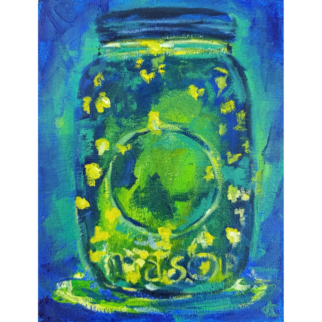 Firefly Painting Mason Jar Original Art 6" by 8" Summer Vibes Farmhouse ...