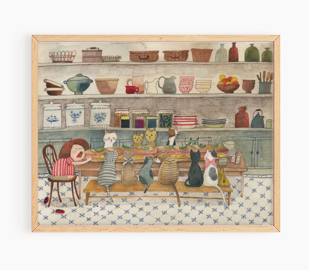 Cat Lunch Watercolor Art Print: Whimsical Kitchen Decor - Etsy