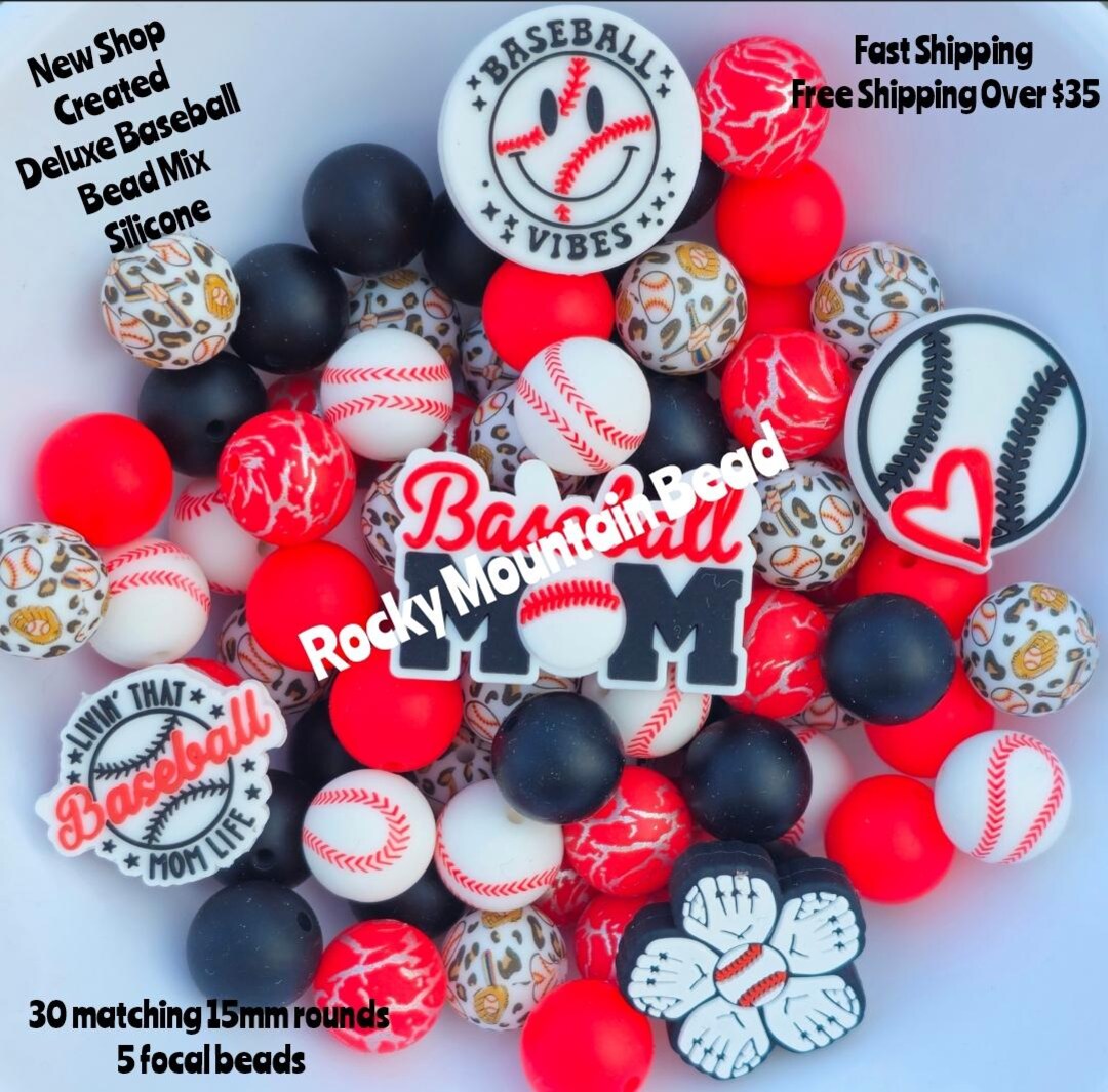 New 2025 Silicone Baseball DIY Bead Mix- Baseball Focals 35 Count Mix ...