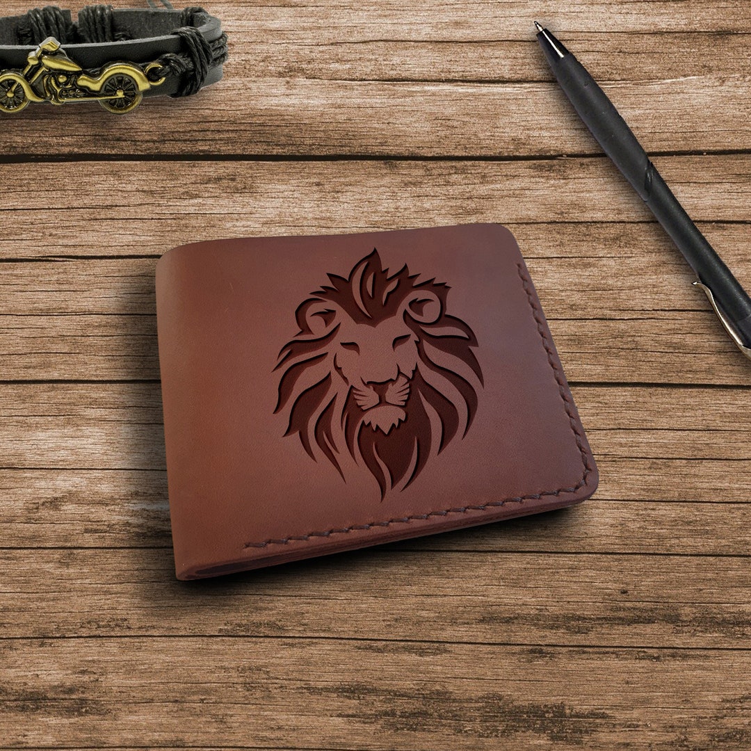 Engraved Lion Wallet. Custom Full Grain Leather Slim Bifold Minimalist ...