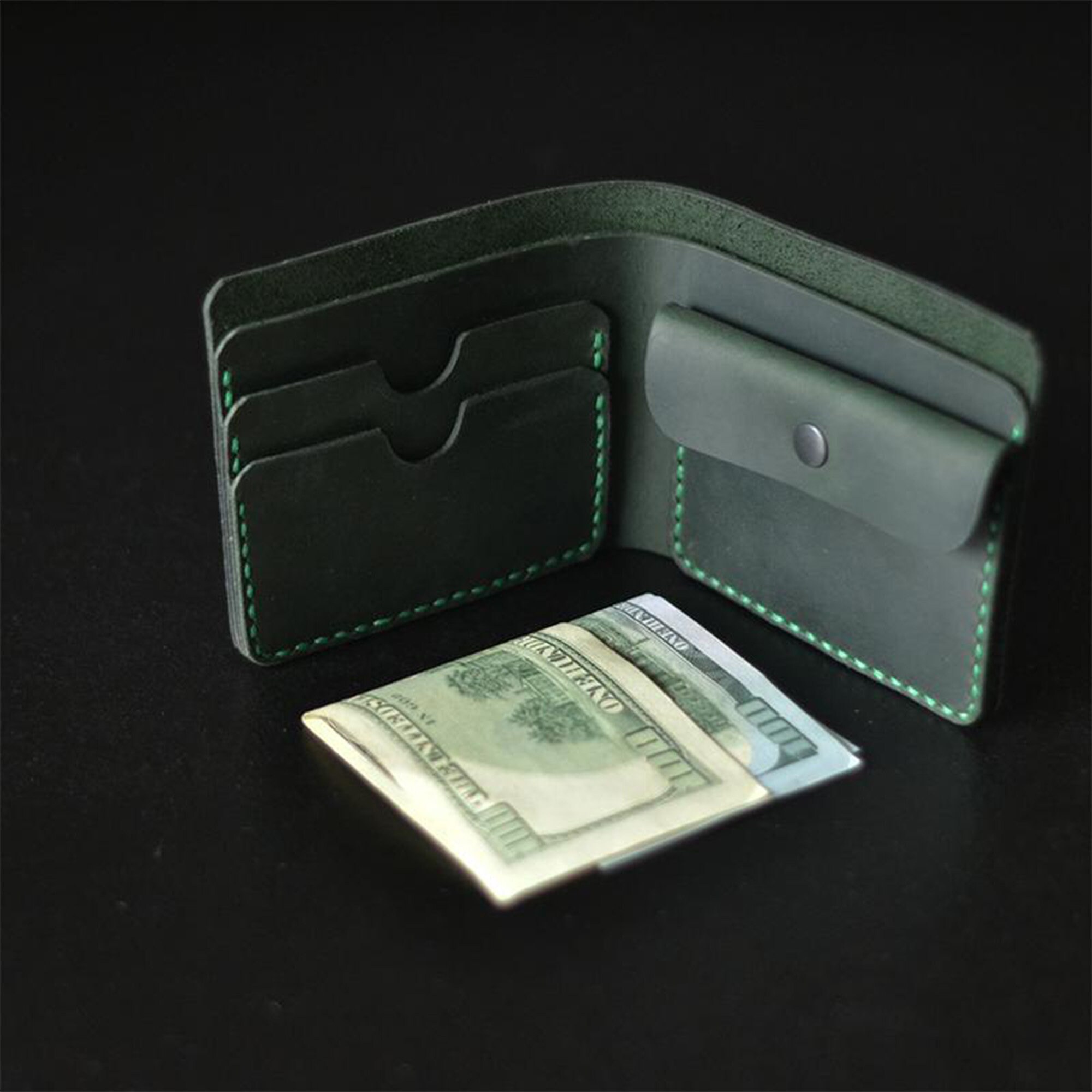 Green Leather Wallet, Handmade Minimalist Bifold Full Grain Leather ...