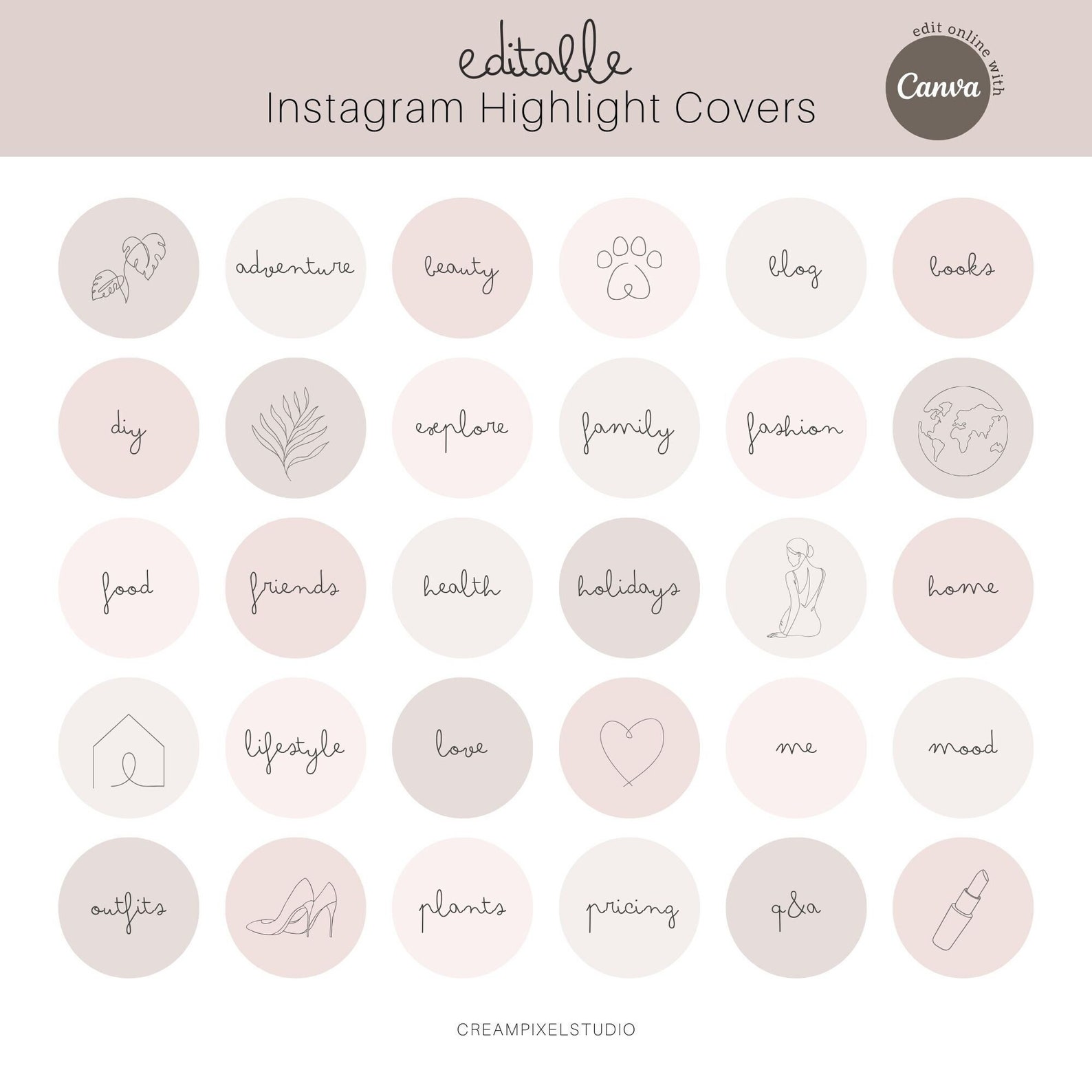 Line Art Instagram Highlight Covers in Neutral Pink Blush Colors, Text ...