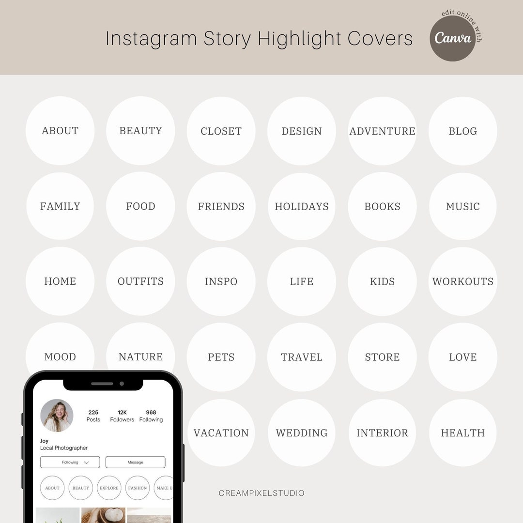 Editable Instagram Story Highlight Covers White Black Serif Words Icons ...