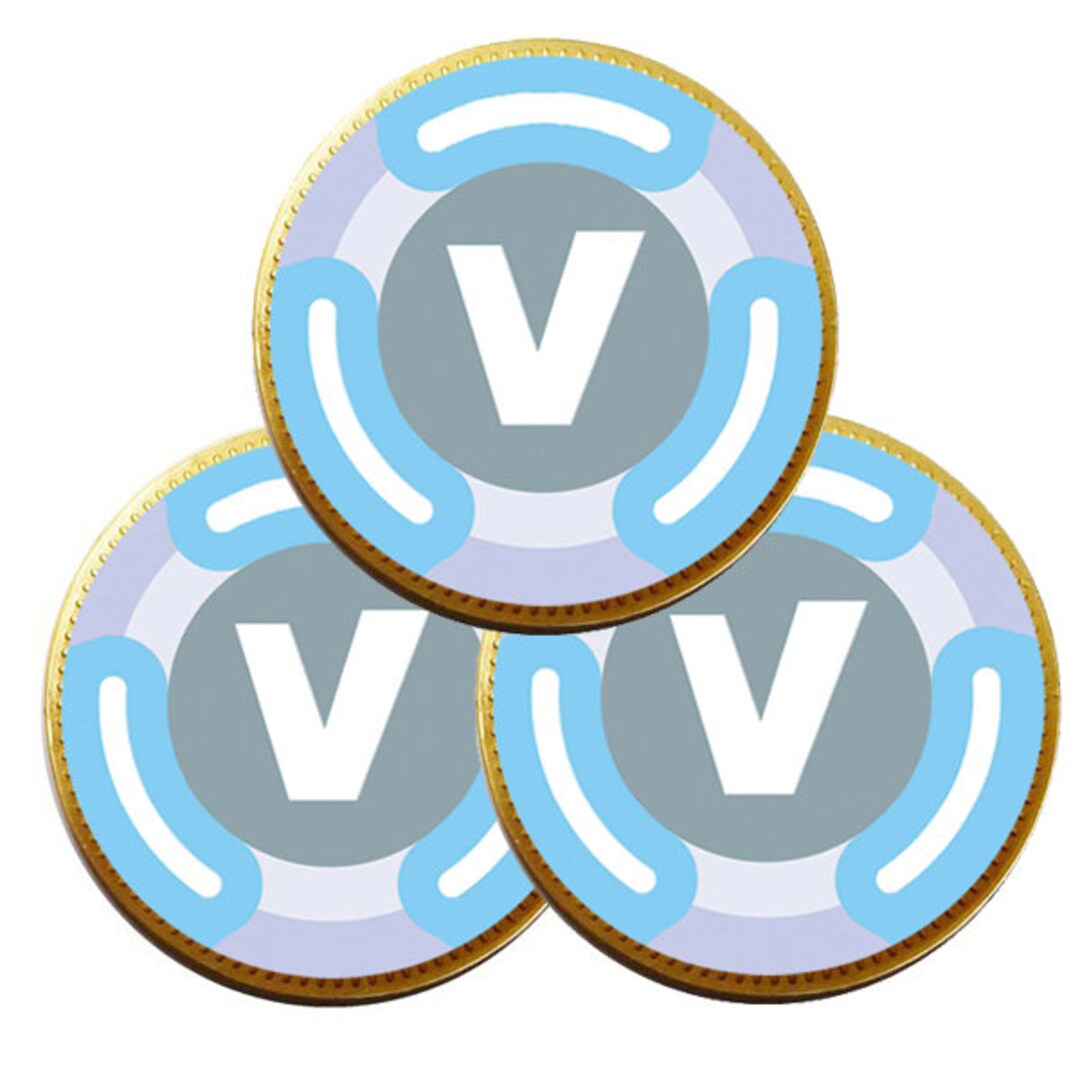 V Bucks Inspired Logo Chocolate Coin Stickers Birthday Party Bags Games ...