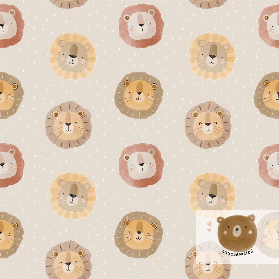 Lions Seamless Fabric Design, Cute Lion Pattern, Watercolor Surface ...