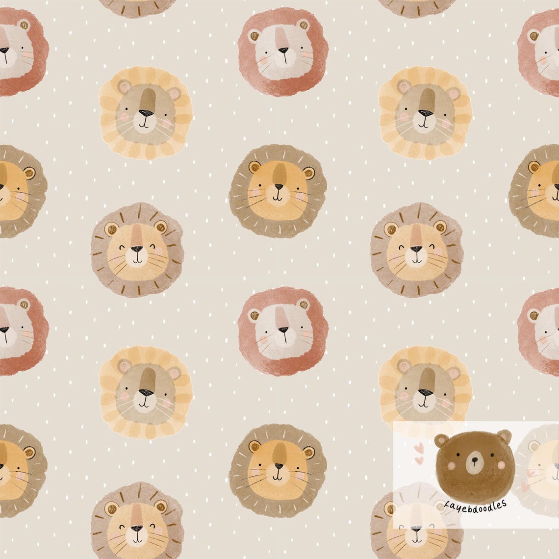 Lions Seamless Fabric Design, Cute Lion Pattern, Watercolor Surface ...