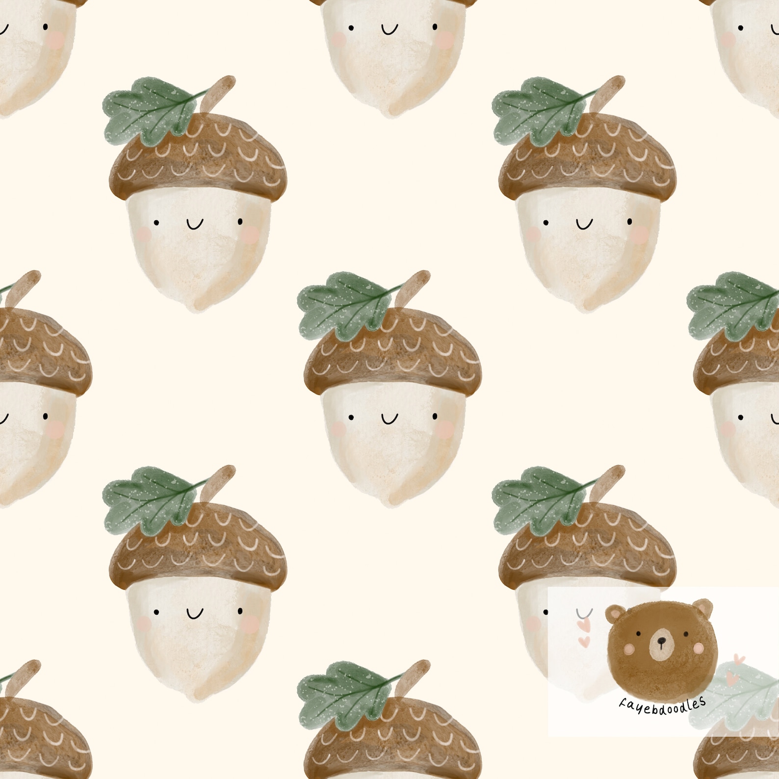 Cute Watercolour Acorn Seamless Pattern, Watercolour Pattern, Acorn ...