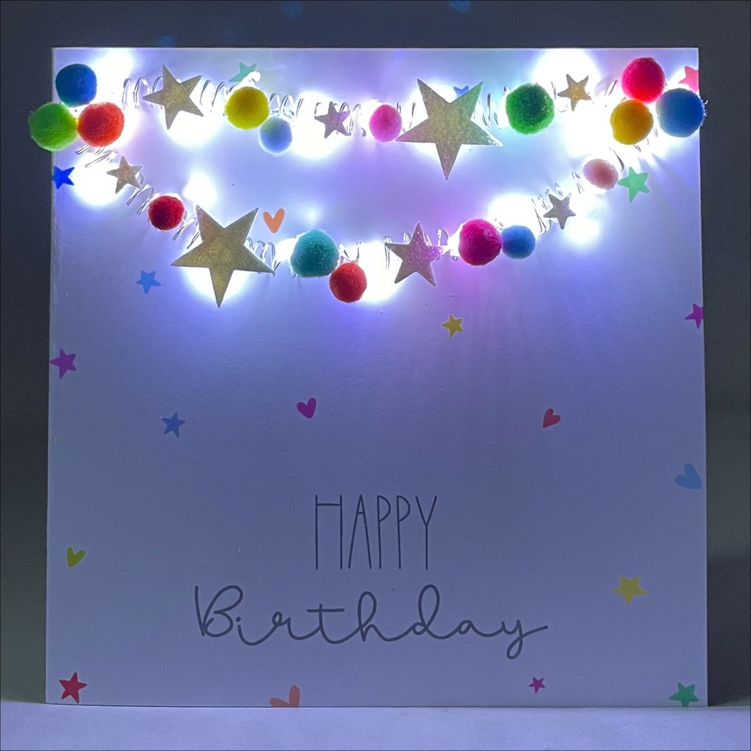 Light up Birthday Card, Cool White LED Light up Garland, Pompoms and ...