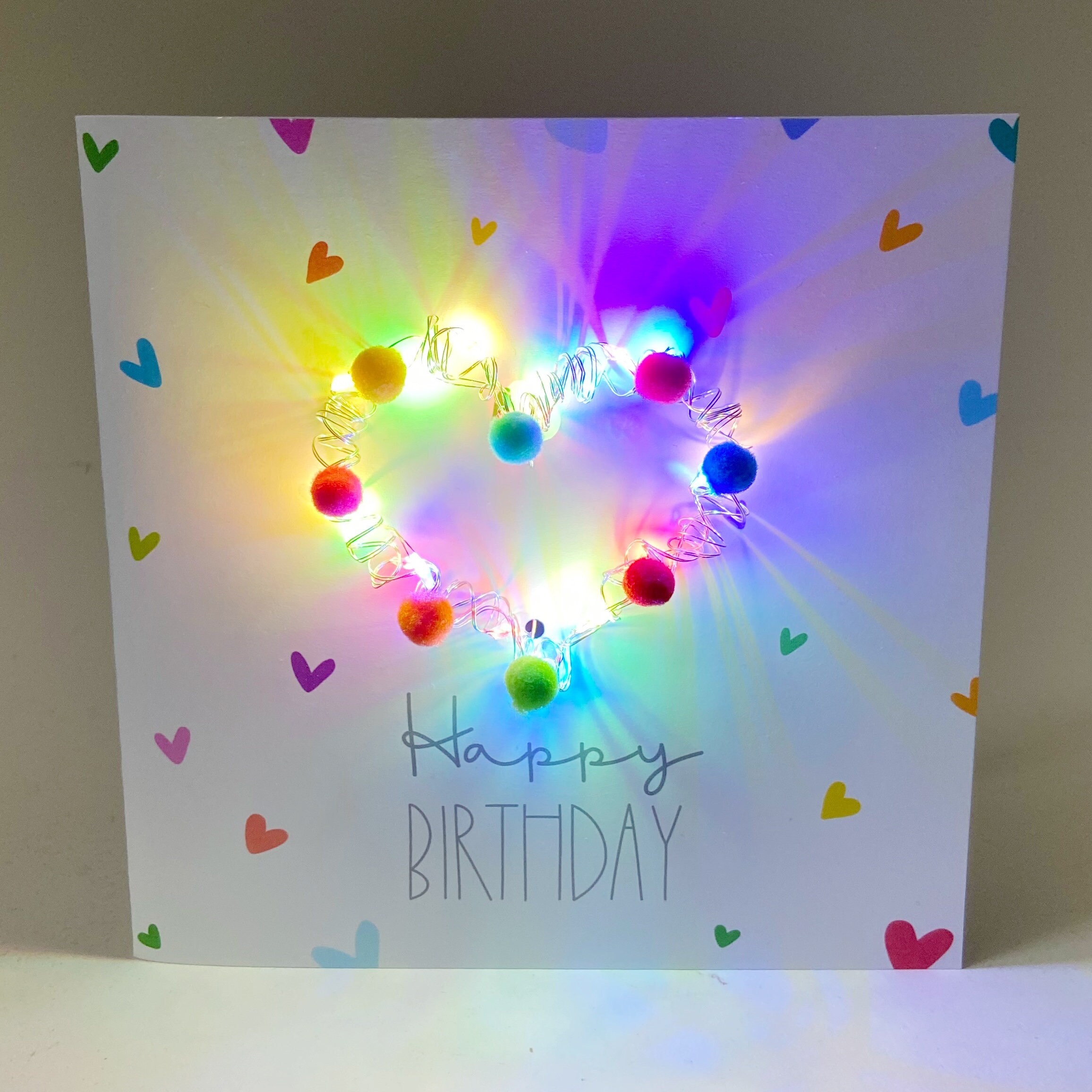 Light up Heart Light up Pom Pom Heart Birthday Card - Etsy