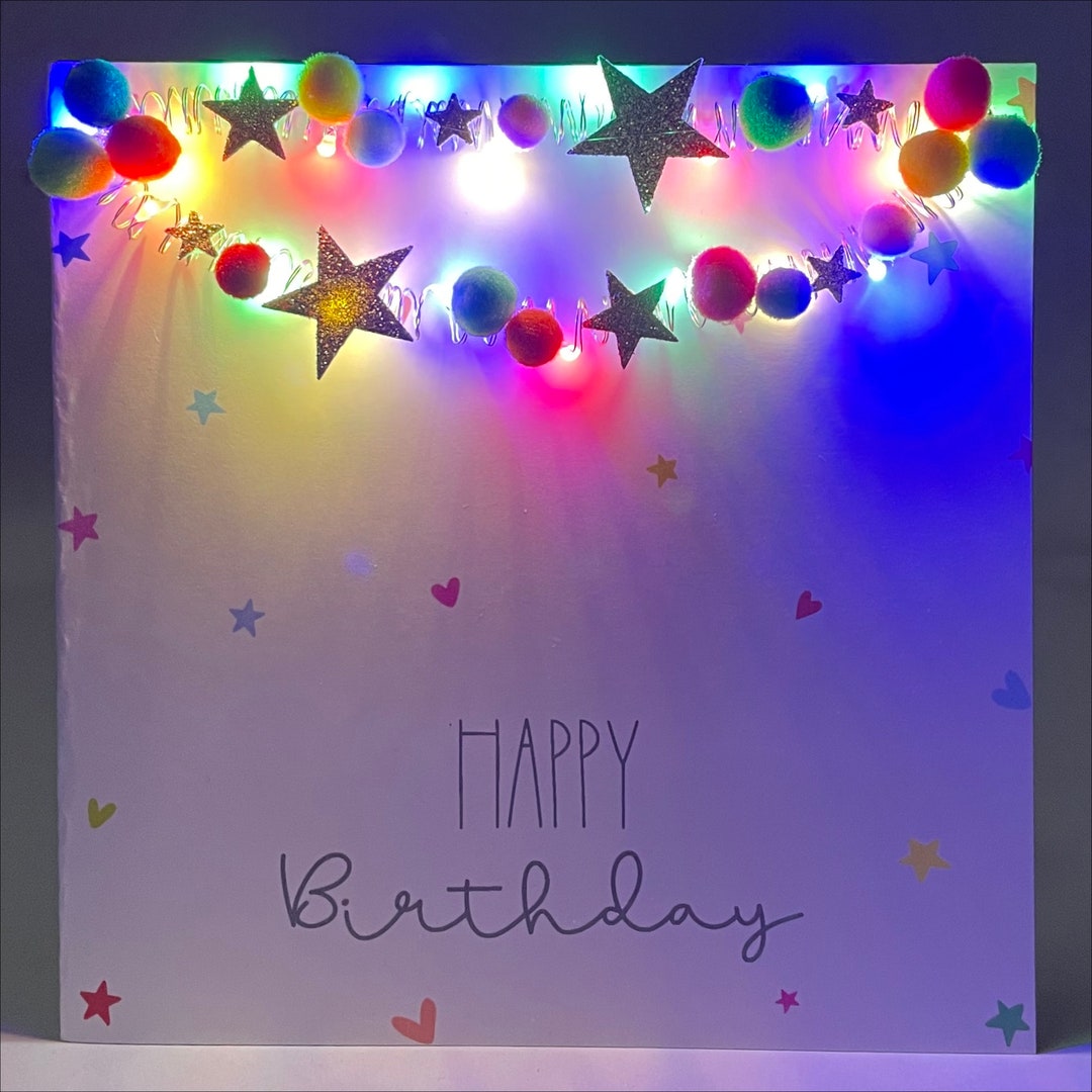 Light up Birthday Card, Multi Colour LED Light up Garland, Pompoms and ...
