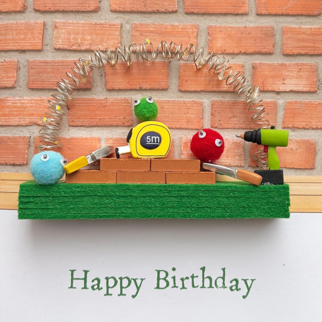 Builders Birthday Card. Miniature Brick Wall and Tools Light up ...