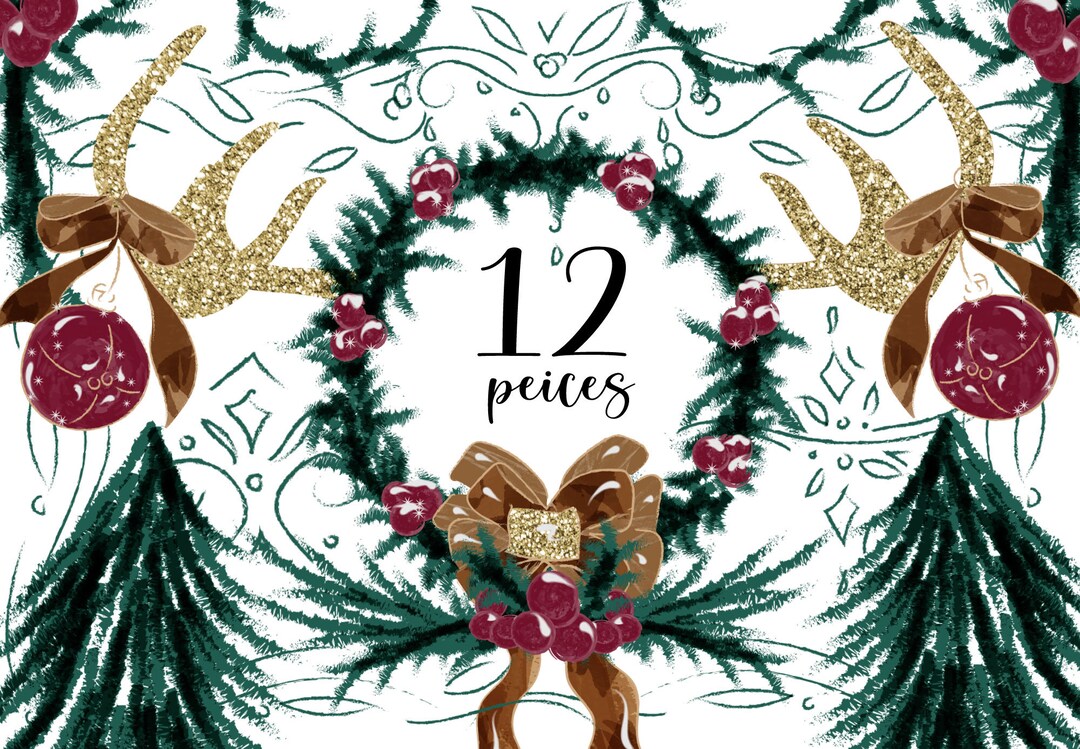 Antler Christmas Wreath Clipart, Evergreen Christmas Tree Clipart ...