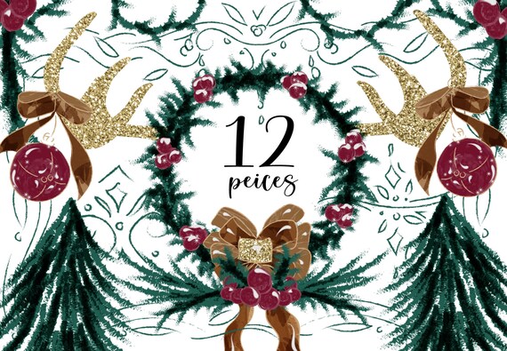Antler Christmas Wreath Clipart Evergreen Christmas Tree - Etsy