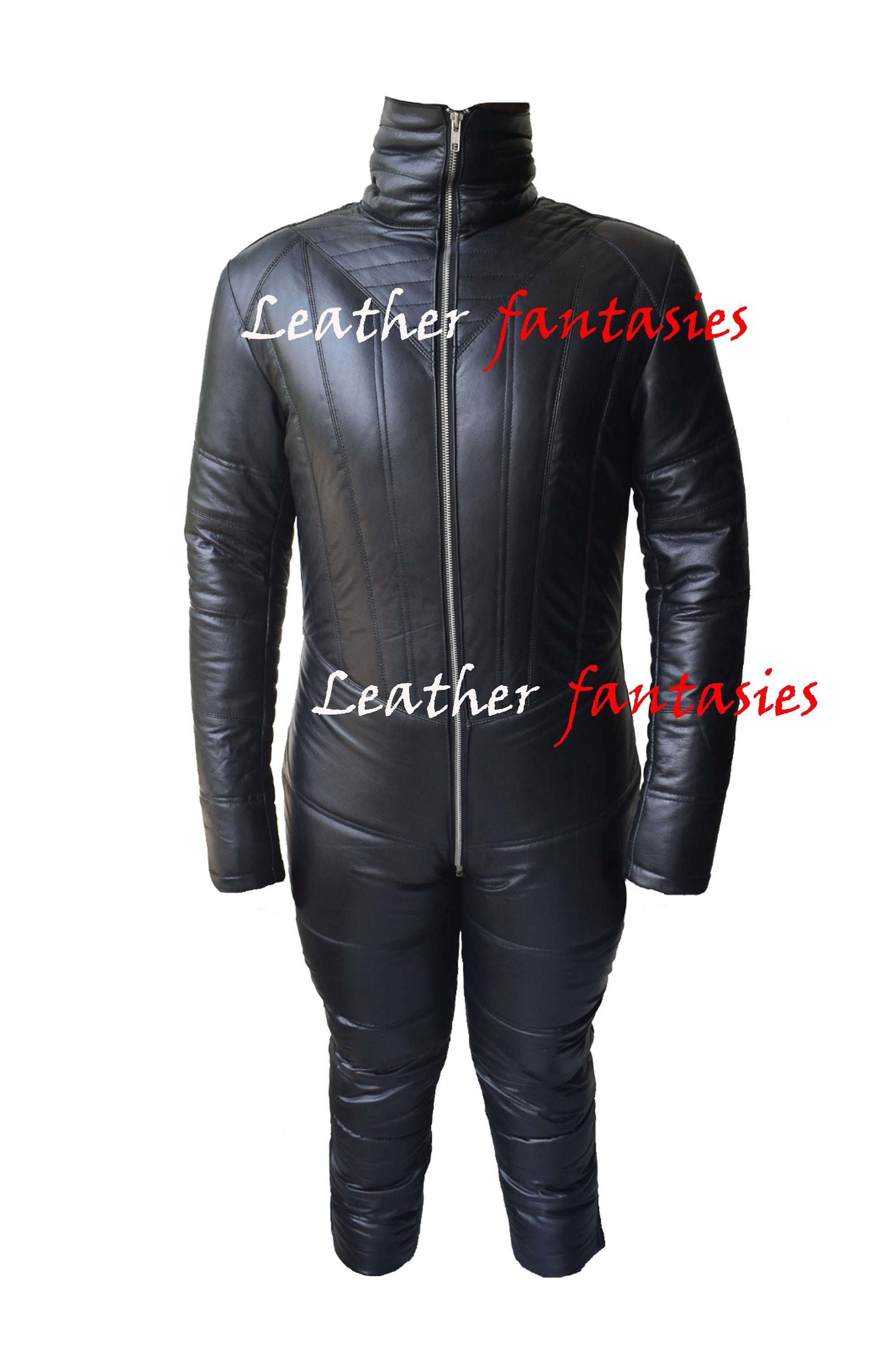 Genuine Black Leather Padded Catsuit Leather Bodysuit Jumpsuit With ...