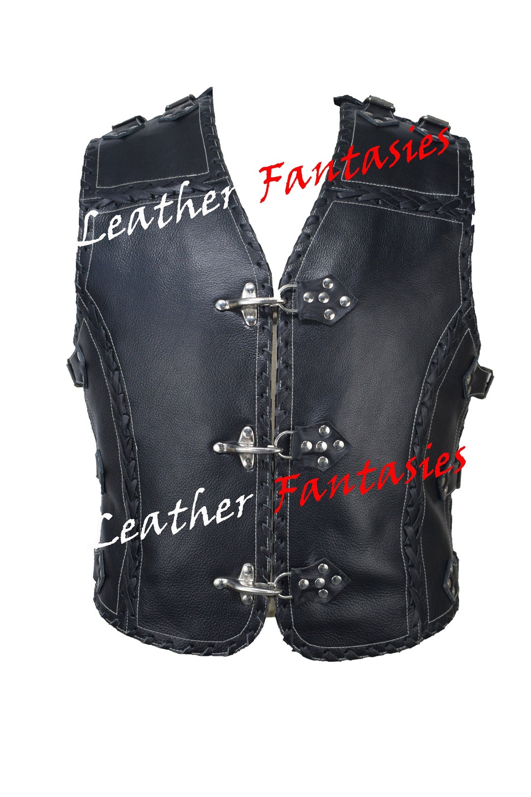Genuine Black Leather Biker Vest for Men Biker Style Lockable Buckle ...