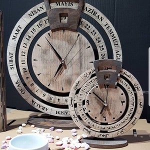 Wooden Calendar Desk Clock – Personalized Silent Table Clock, Natural ...