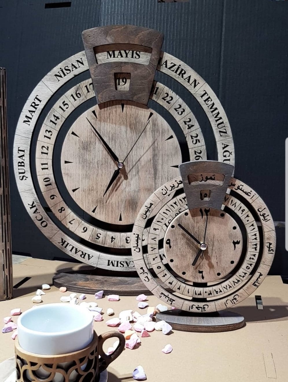 Wooden Desktop Calendar Clock Natural Wood Table Clock - Etsy