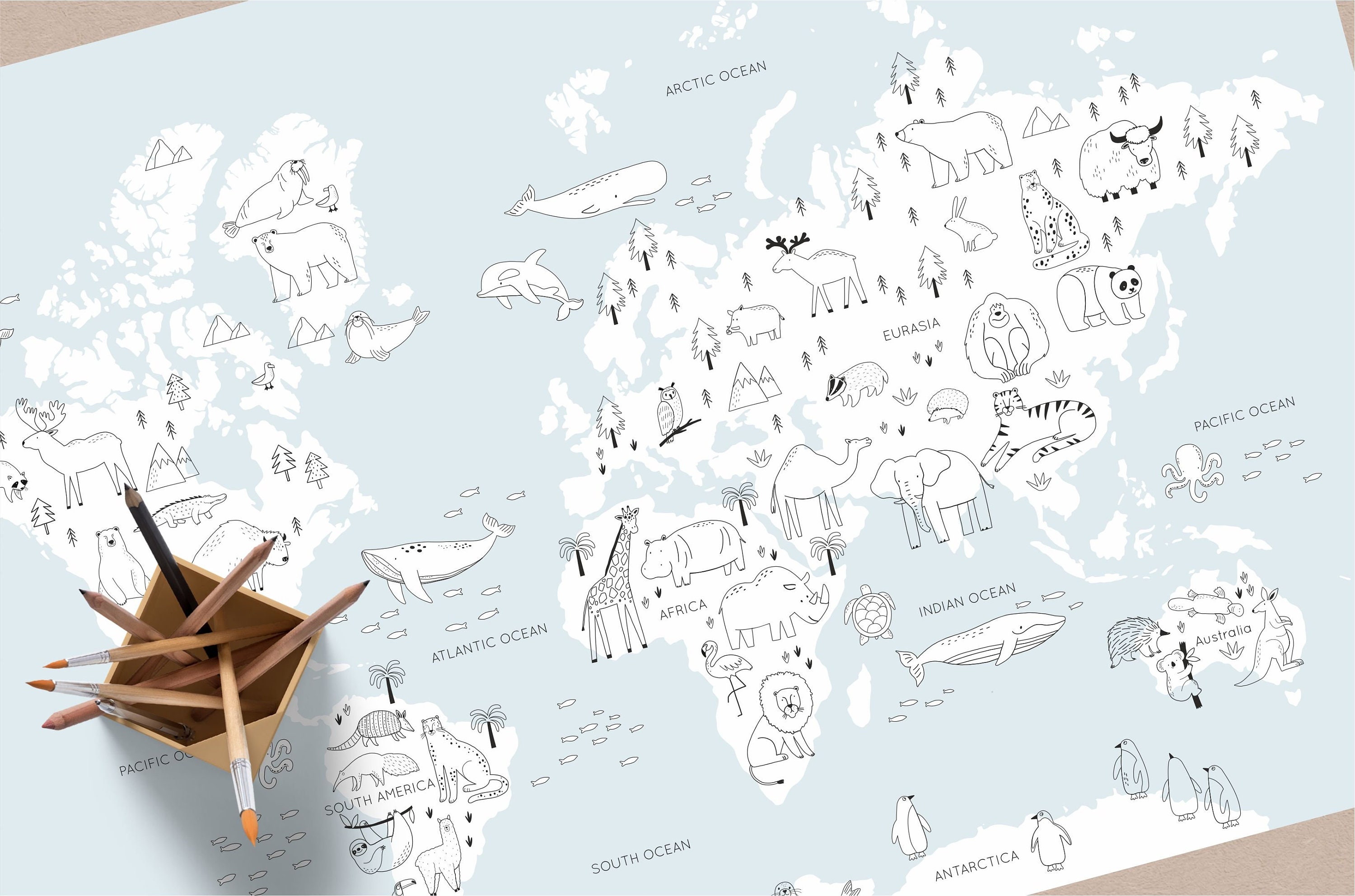 Coloring Animal Worldmap Poster | Kids World Map | Printable Map ...