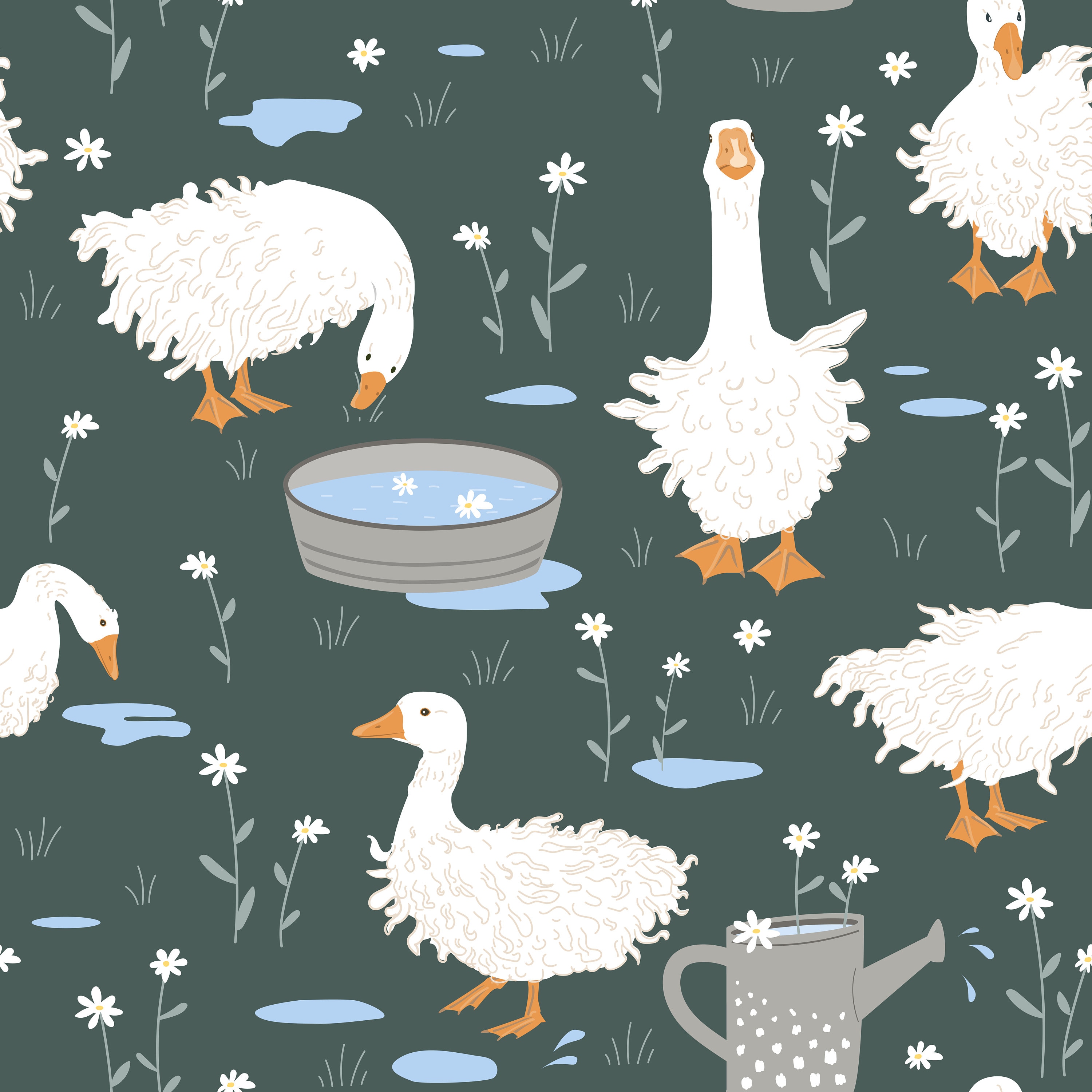 Cute Seamless Pattern With Goose and Doodle Flowers After the Rain. JPG ...
