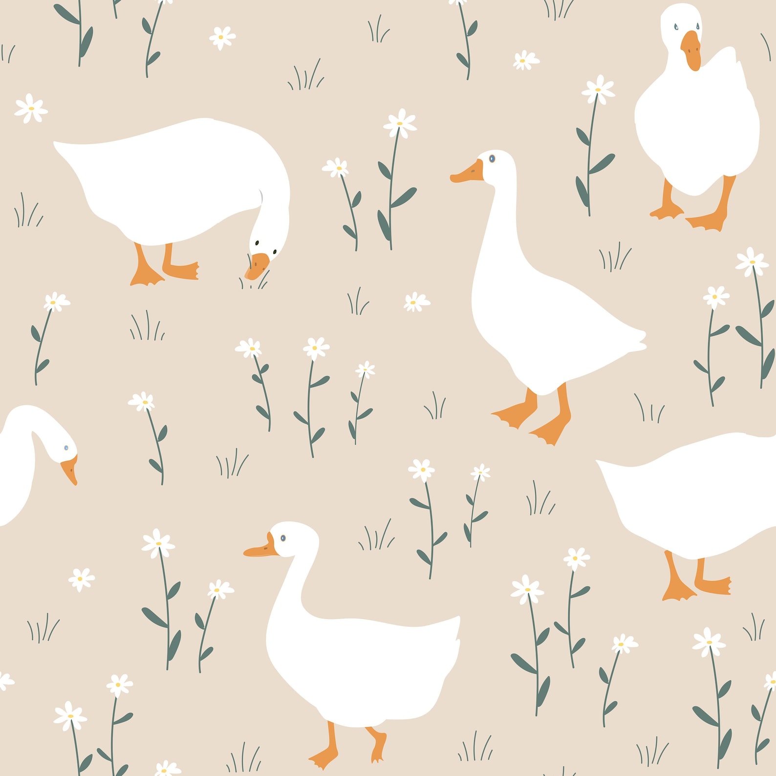 Cute Seamless Pattern With Goose and Doodle Flowers. JPG, PNG, and EPS ...