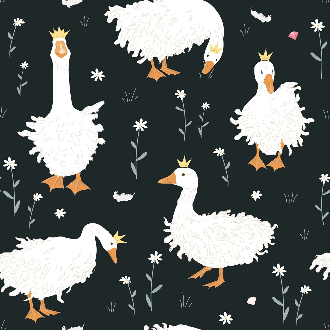 Cute Seamless Pattern With Sebastopol Goose in Crowns, Diamonds, and ...