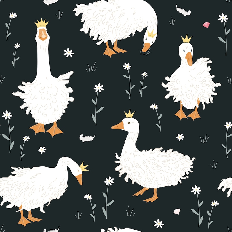 Cute Seamless Pattern With Sebastopol Goose in Crowns, Diamonds, and ...