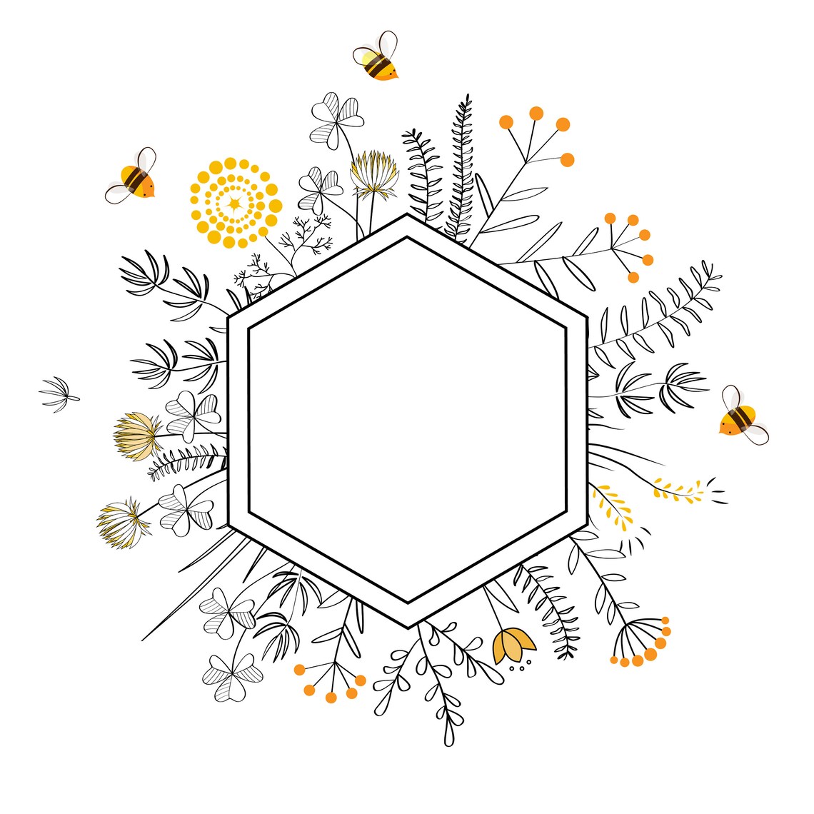 Hexagon Frame With Cute Honey Flowers and Bees. Beekeeping Illustration ...