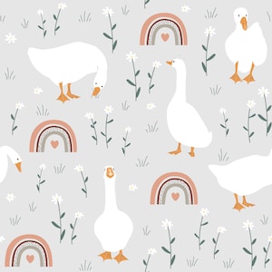 Cute Seamless Pattern With Goose, Rainbows, and Chamomile Flowers. JPG ...