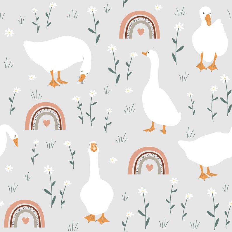 Cute Seamless Pattern With Goose, Rainbows, and Chamomile Flowers. JPG ...