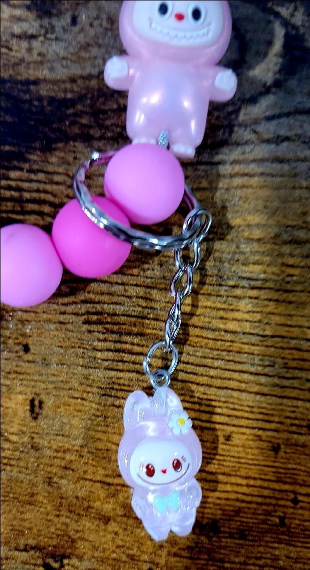 Pinky Labubu Silicone Bead Wristlet Key Chain With Labubu Focal Bead ...