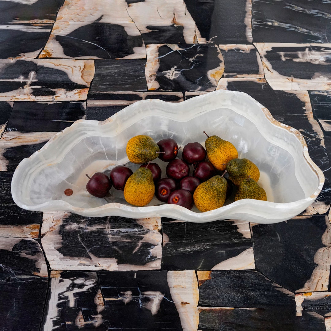 Natural Ice White Onyx Stone Bowl , Stone Centerpiece Bowl, Hand Carved ...