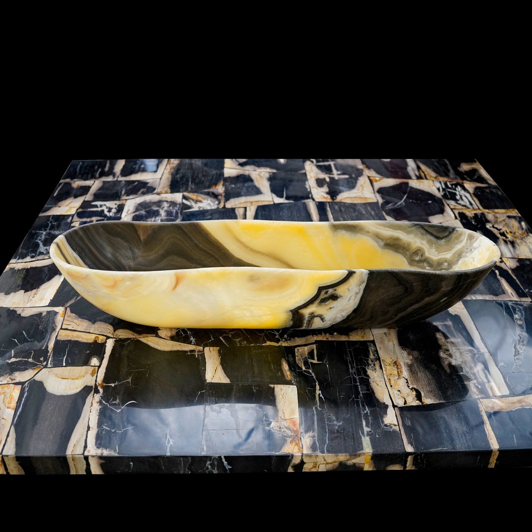 Zebra Onyx Stone Bowl: Handcrafted Black & Yellow Canoe Trough - Etsy