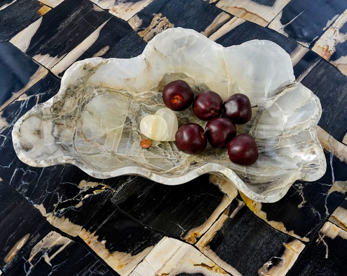 Abstract Banded Onyx Bowl , Natural Gray Calcite Stone Bowl , Starata ...